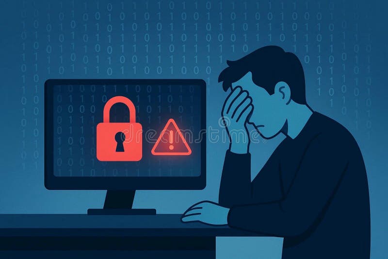 Cyber Security Failure: Frustrated Man Facing Data Breach on Computer ...
