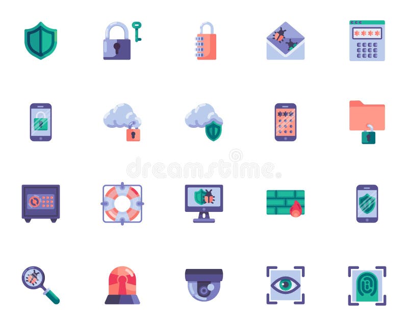 Cyber Security Flat Icons Set Stock Vector - Illustration of computer ...