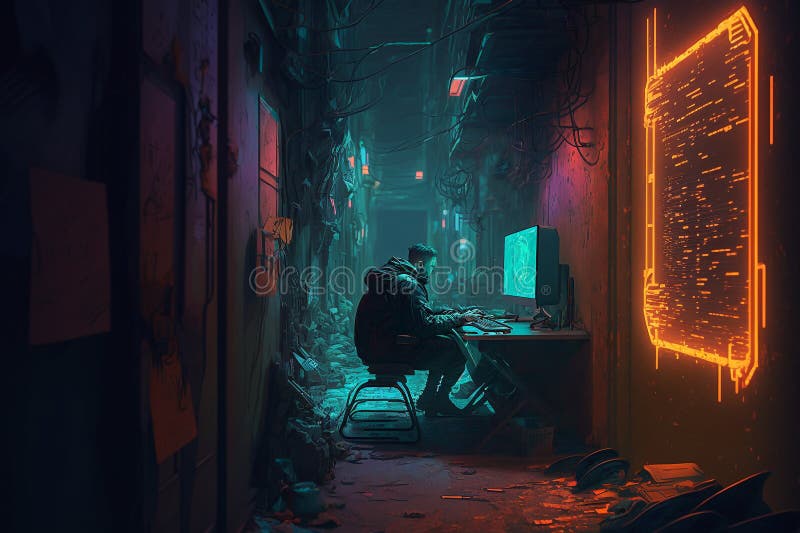 Cyber Security Hacker at a Computer in a Dark Room Cyber Style Neon ...