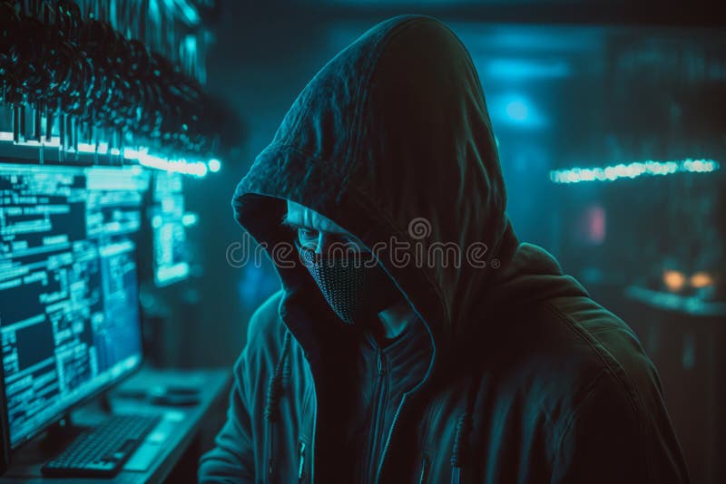Cyber-security Hacker with a Hoodie Hiding Face Stock Illustration ...