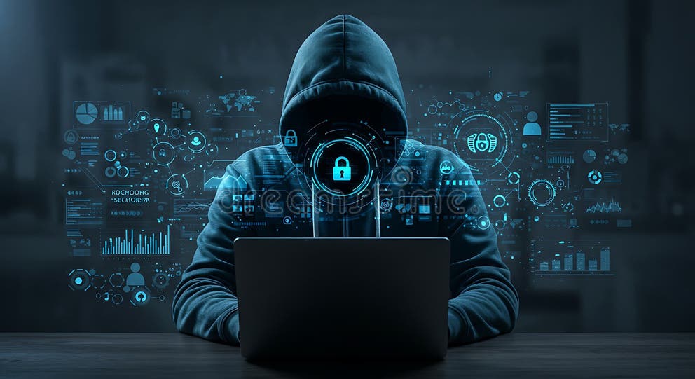 Cyber Security Hacker Using Laptop with Digital Data Overlay Stock ...