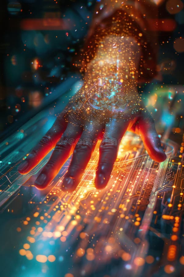 Cyber Security, a Hand Glides Over a Sparkling Hologram Representing ...