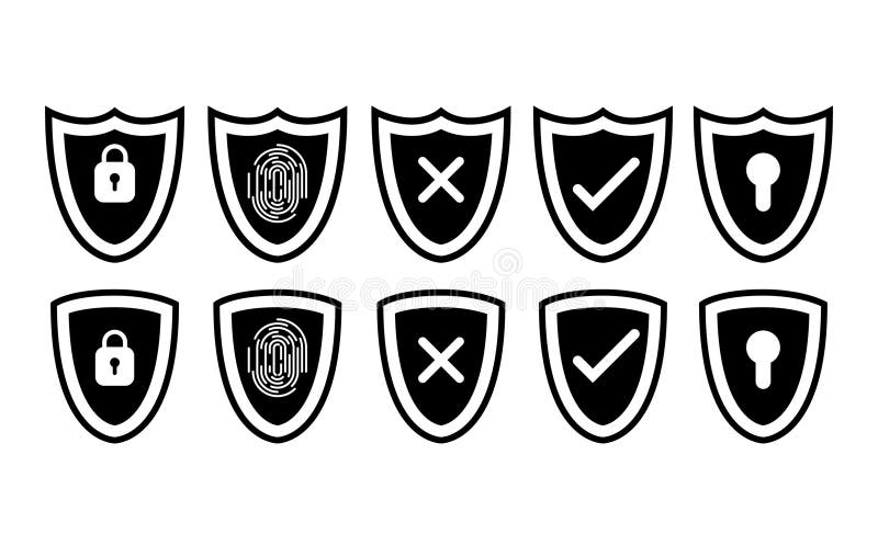 Cyber Security Icon with Shield and Key Lock, Fingerprint, Check and ...