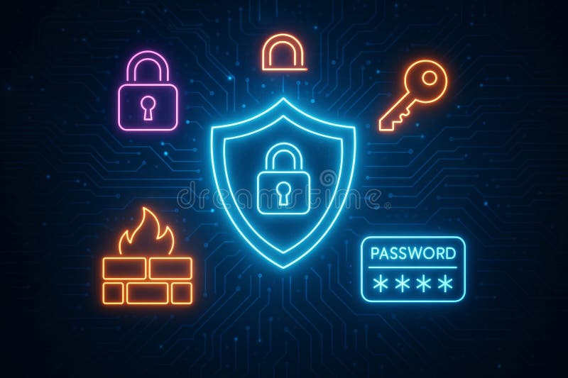 Cyber Security Icons in Neon Style Showing Shield, Lock, Firewall, Key ...