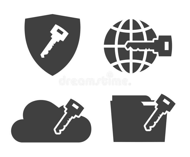 Cyber Security Icons Set, Key with Shield, Globe, Cloud and File Folder ...