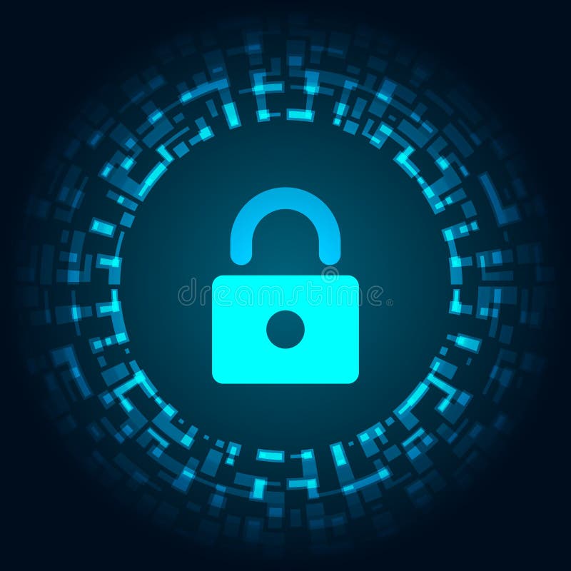 Cyber Security Illustration, Blue Light Lock Icon in Data Digital ...