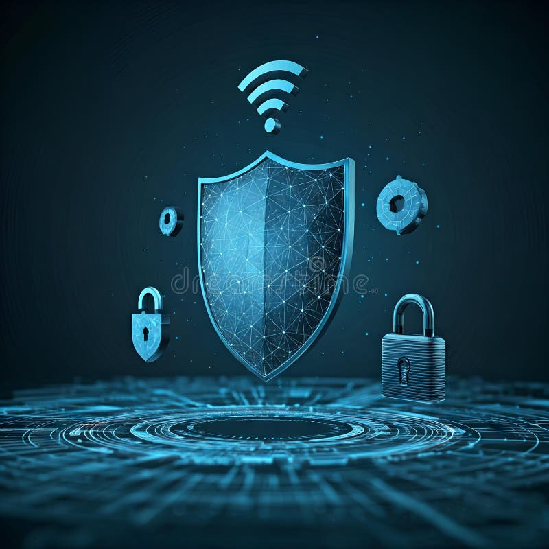Cyber Security Illustration: Bright Polygonal Shield with Wi-Fi ...