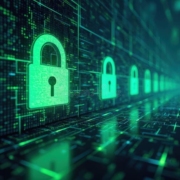 Cyber Security Illustration Features Glowing Green Locks on Digital Grid Background. Binary Code ...