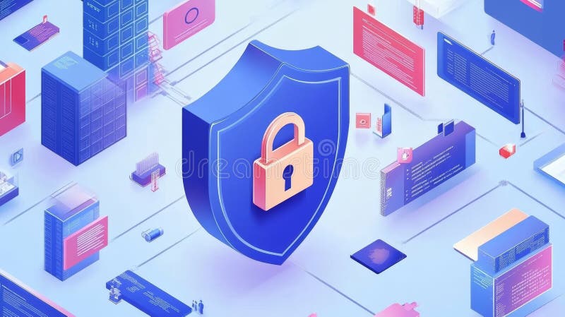 Cyber Security Illustration Featuring Blue Shield Protecting Private ...