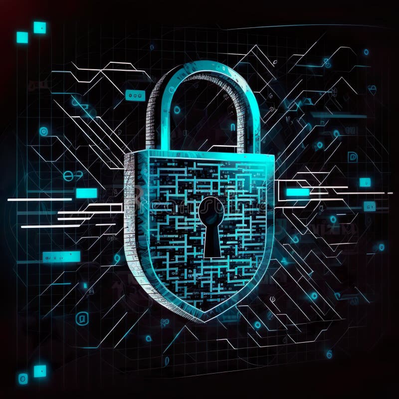 Cyber Security with a Padlock Black and Blue Lock Sign on a Digital ...
