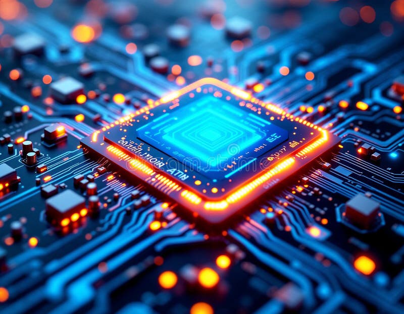 High-Tech Microchip on Circuit Board Futuristic Technology Illustration ...