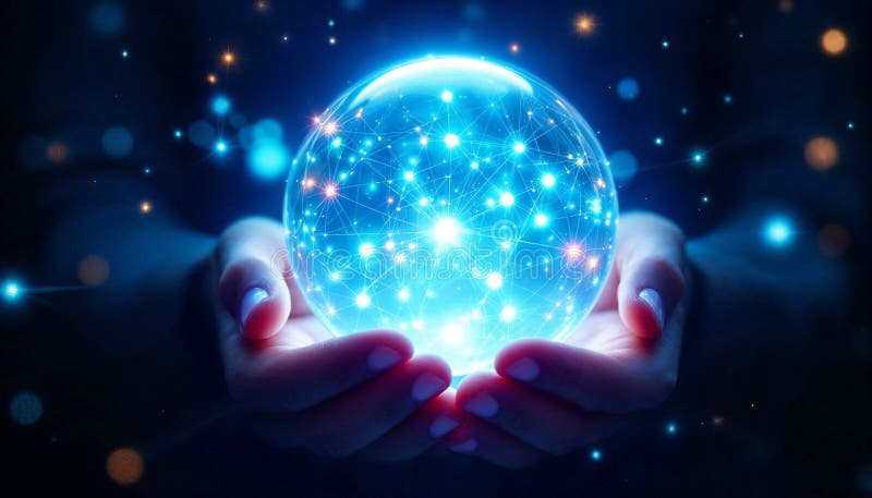 Magical Glowing Crystal Ball in Cupped Hands with Cosmic Energy and ...