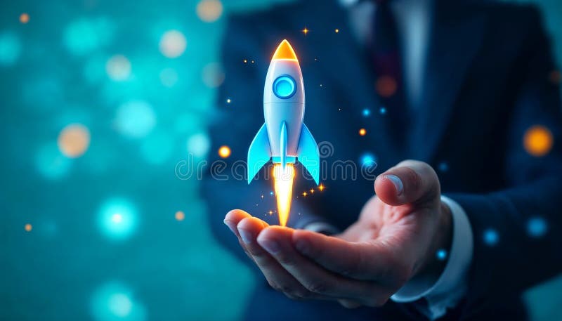 Holographic Rocket Floating Above Hand with Futuristic Space ...