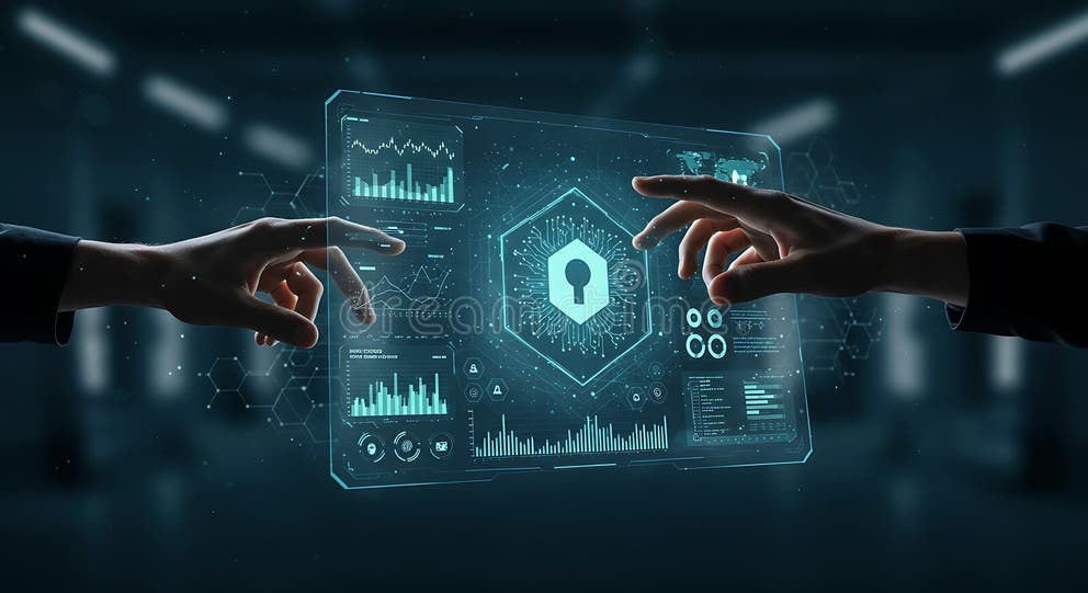 Cyber Security Interface: Hands Interacting with Futuristic Data ...