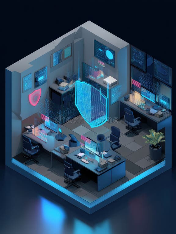 Cyber Security Isometric Office Featuring Shield Holograms and High ...