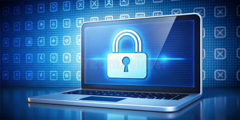 Cyber Security Laptop with a Lock Icon, Blue Background, 3D Render ...