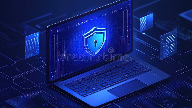 Cyber Security Laptop Screen Displays a Shield and Lock Icon ...