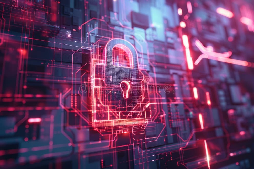 Cyber Security Lock Glowing in Dark Red and Blue Cyberspace Chip ...