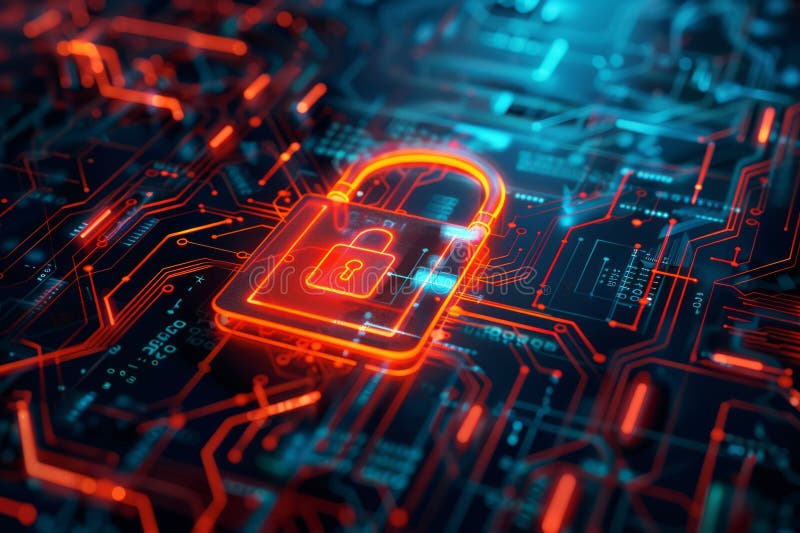 Cyber Security Lock Glowing in Dark Red and Blue Cyberspace Chip ...