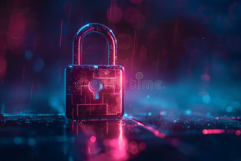 Cyber Security Lock Glowing in Dark Red and Blue Cyberspace Chip ...