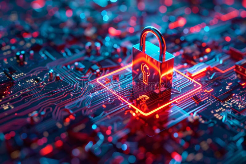 Cyber Security Lock Glowing in Dark Red and Blue Cyberspace Chip ...