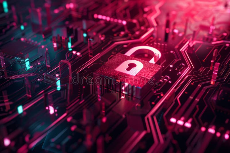 Cyber Security Lock Glowing in Dark Red and Blue Cyberspace Chip ...