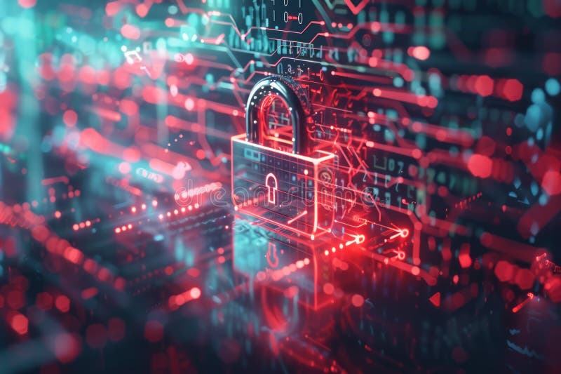 Cyber Security Lock Glowing in Dark Red and Blue Cyberspace Chip ...