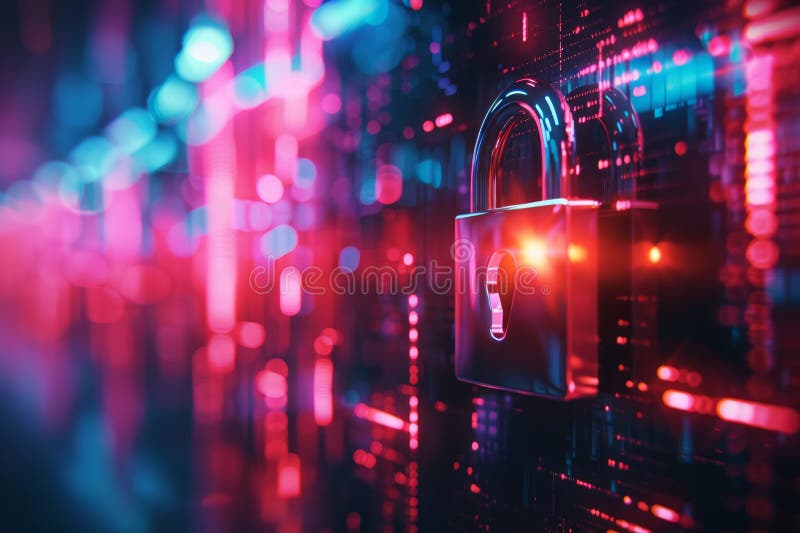 Cyber Security Lock Glowing in Dark Red and Blue Cyberspace Chip ...