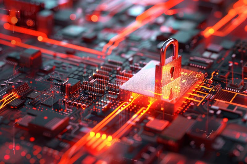 Cyber Security Lock Glowing in Dark Red and Blue Cyberspace Chip ...