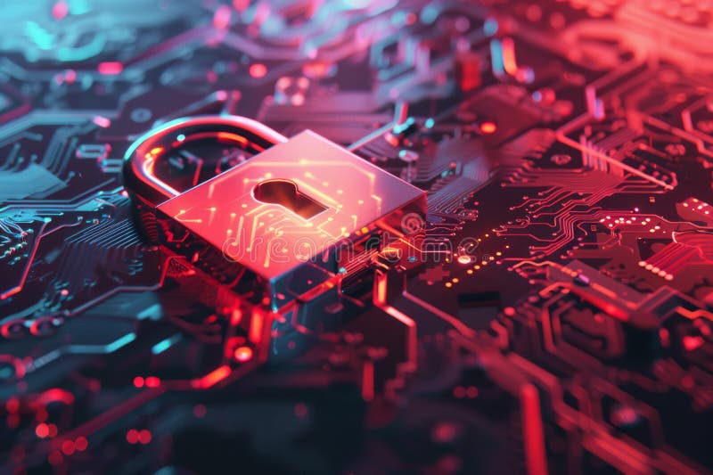 Cyber Security Lock Glowing in Dark Red and Blue Cyberspace Chip ...