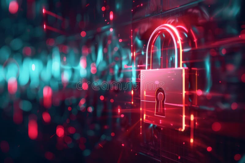 Cyber Security Lock Glowing in Dark Red and Blue Cyberspace Chip ...