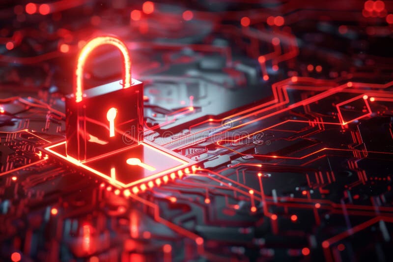 Cyber Security Lock Glowing in Dark Red and Blue Cyberspace Chip ...