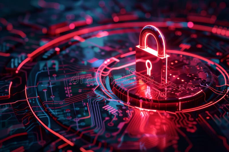 Cyber Security Lock Glowing in Dark Red and Blue Cyberspace Chip ...