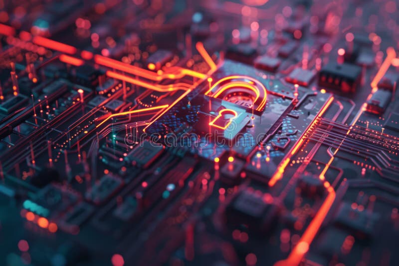 Cyber Security Lock Glowing in Dark Red and Blue Cyberspace Chip ...