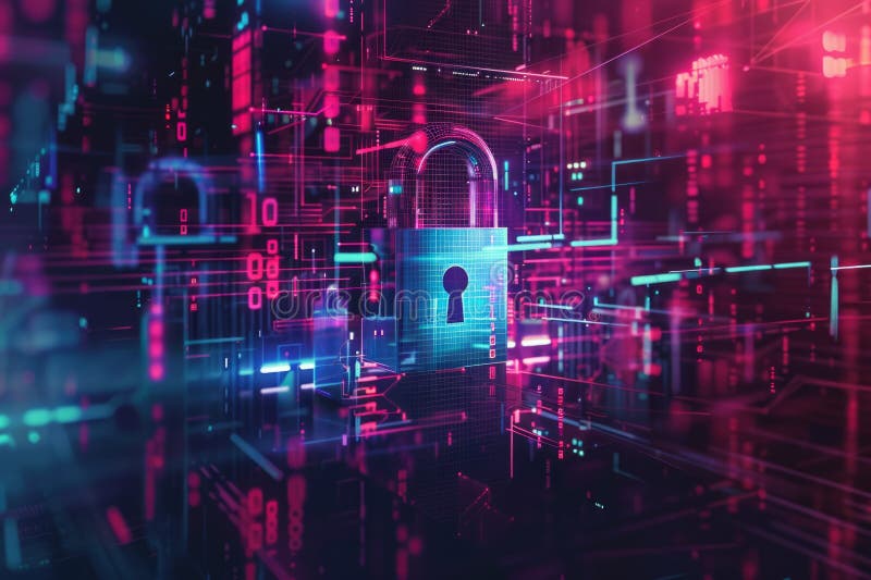 Cyber Security Lock Glowing in Dark Red and Blue Cyberspace Chip ...