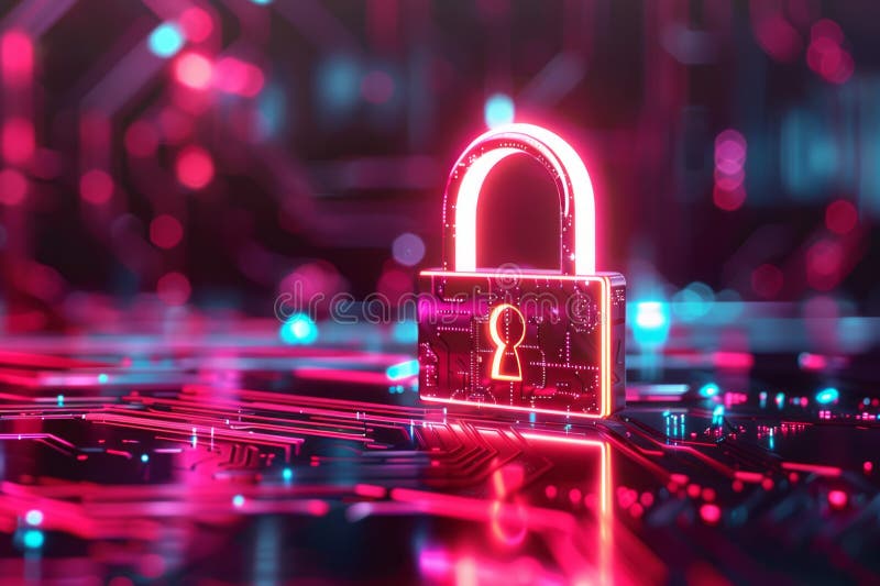 Cyber Security Lock Glowing in Dark Red and Blue Cyberspace Chip ...