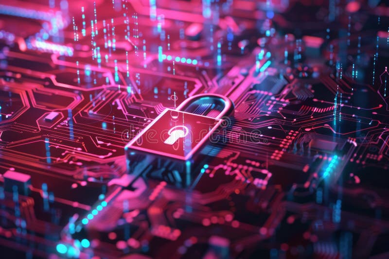 Cyber Security Lock Glowing in Dark Red and Blue Cyberspace Chip ...