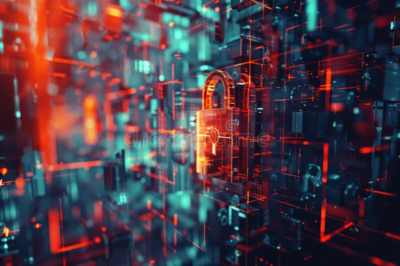 Cyber Security Lock Glowing in Dark Red and Blue Cyberspace Chip ...