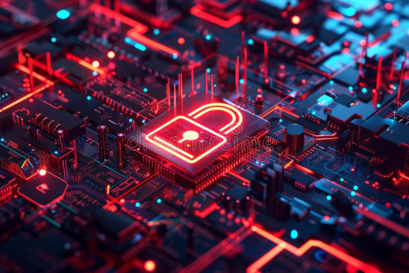 Cyber Security Lock Glowing in Dark Red and Blue Cyberspace Chip ...