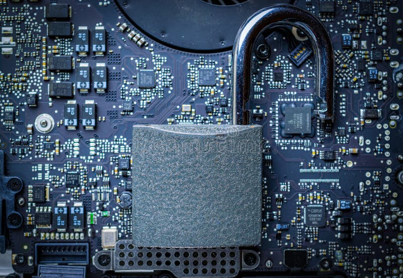 Cyber Security Lock Security Computer Data Internet Protection With Lock Key On Microscheme