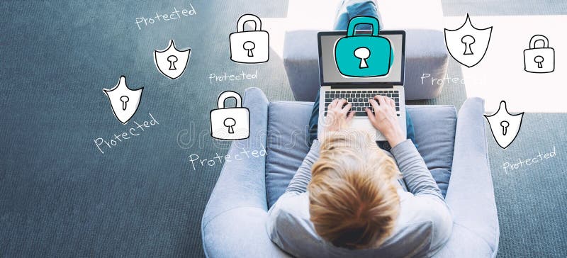 Cyber Security with Man Using a Laptop Stock Image - Image of lock ...