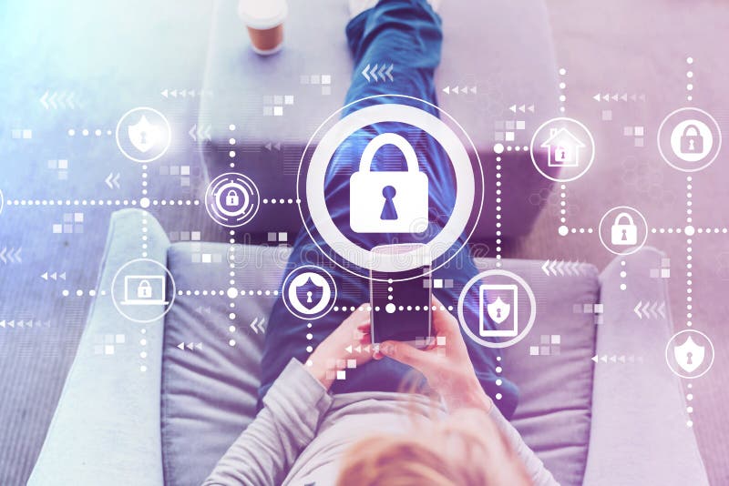 Cyber Security with Man Using a Smartphone Stock Photo - Image of cell ...