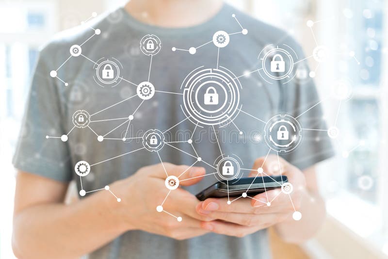 Cyber Security with Man Using a Smartphone Stock Image - Image of cell ...