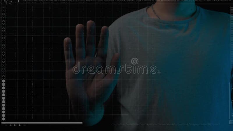 Man Hand Touches Glass Screen Panel, Holographic Scanner Interface ...
