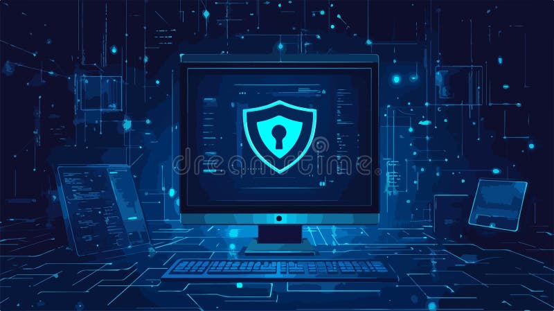 Cyber Security Monitor and Shield Vector Illustration Stock ...