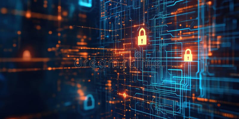 Cyber Security Network with Glowing Padlocks Stock Illustration ...