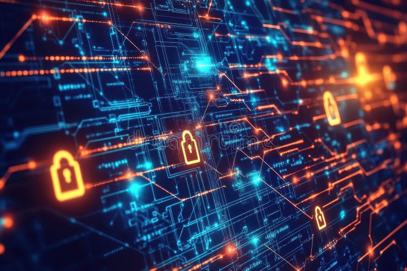 Cyber Security Network with Glowing Padlocks and Circuitry Stock ...