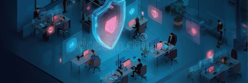 Cyber Security Office Depicted in Isometric Design Featuring Shield ...