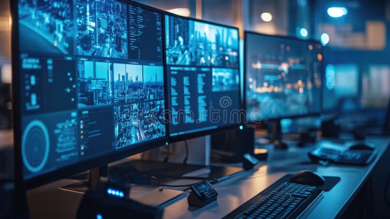 Cyber Security Operation Center Monitoring City Infrastructure with Multiple Computer Screens ...