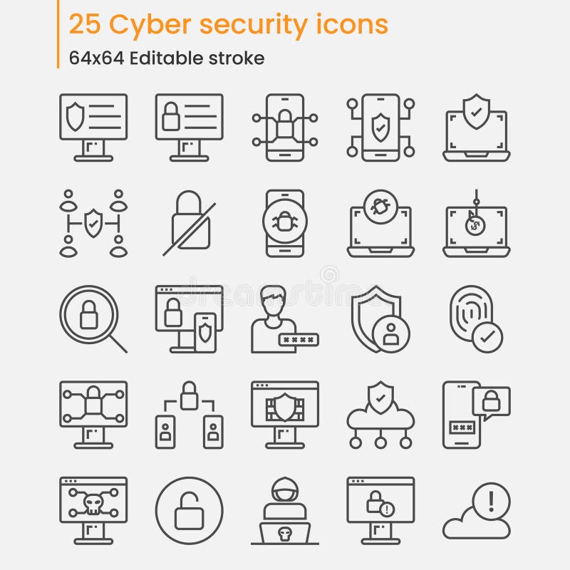 Cyber Security Outline Icons Set Stock Vector - Illustration of flat ...